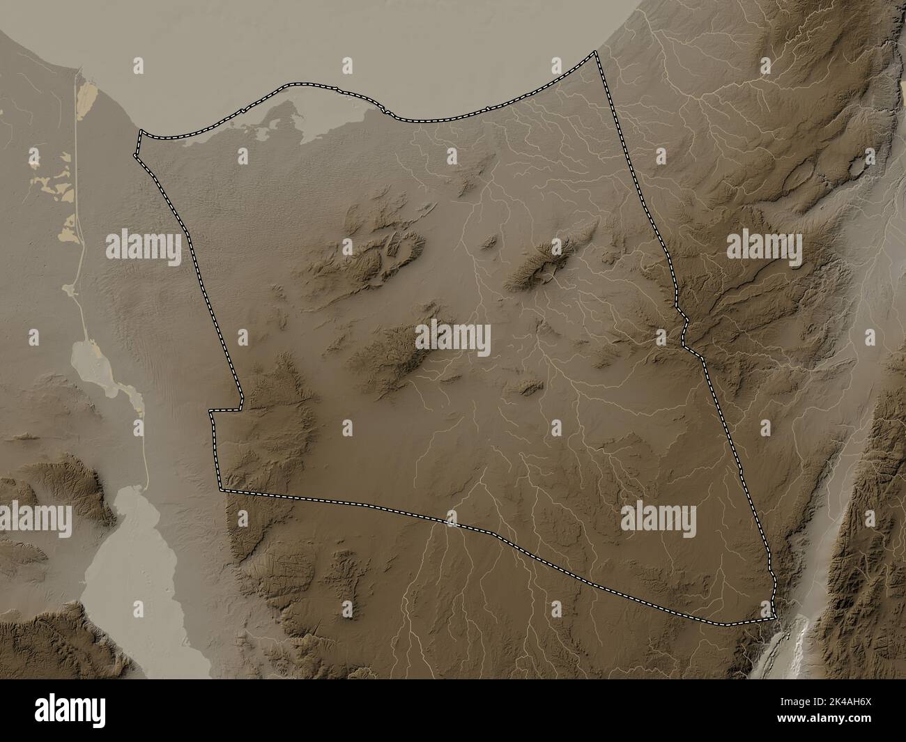 Shamal Sina', governorate of Egypt. Elevation map colored in sepia ...
