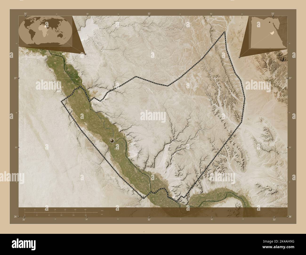 Suhaj, governorate of Egypt. Low resolution satellite map. Corner ...