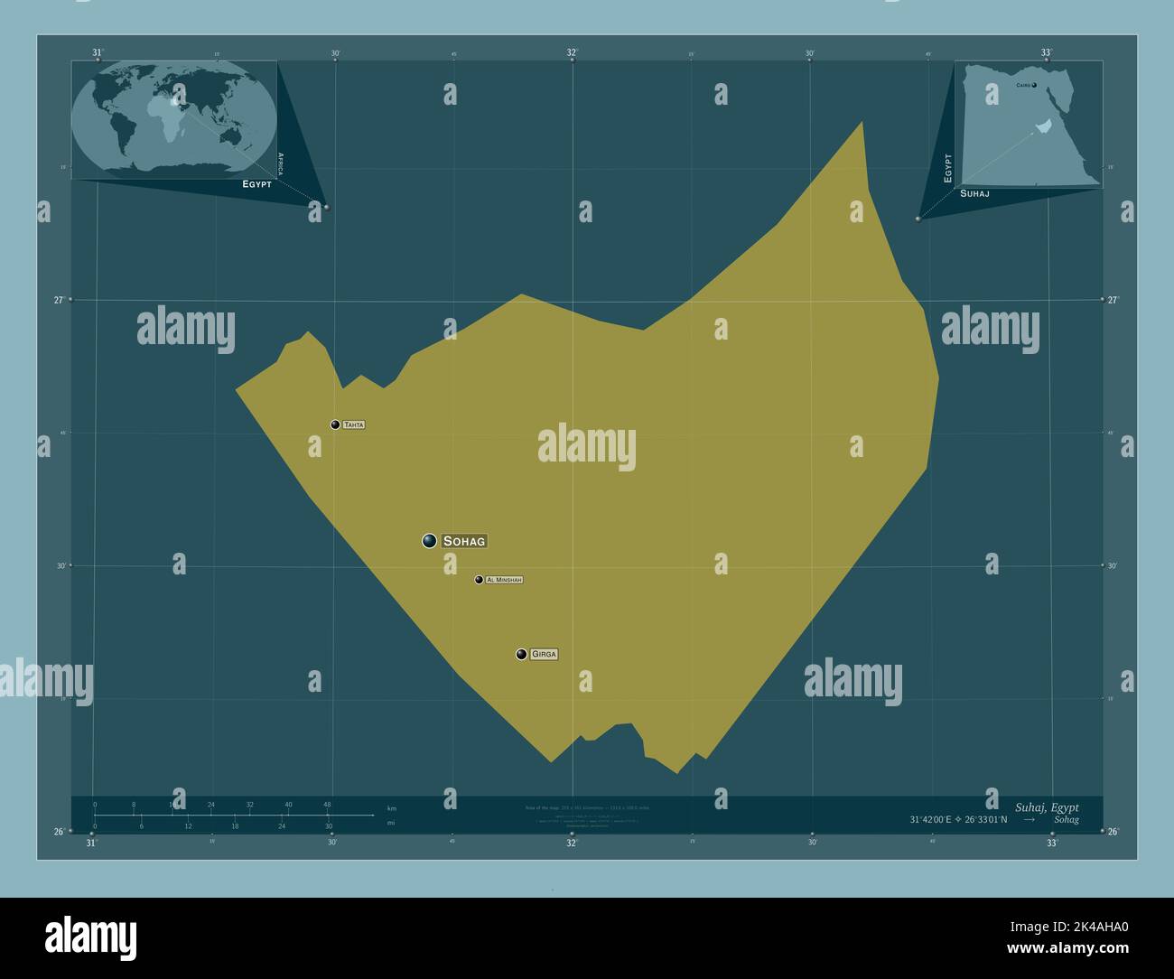 Suhaj, governorate of Egypt. Solid color shape. Locations and names of ...