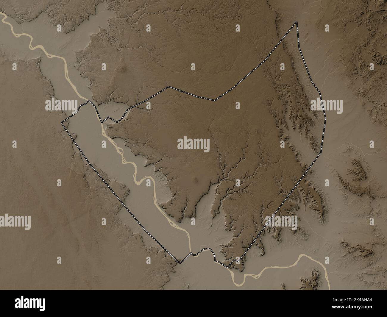 Suhaj, governorate of Egypt. Elevation map colored in sepia tones with ...