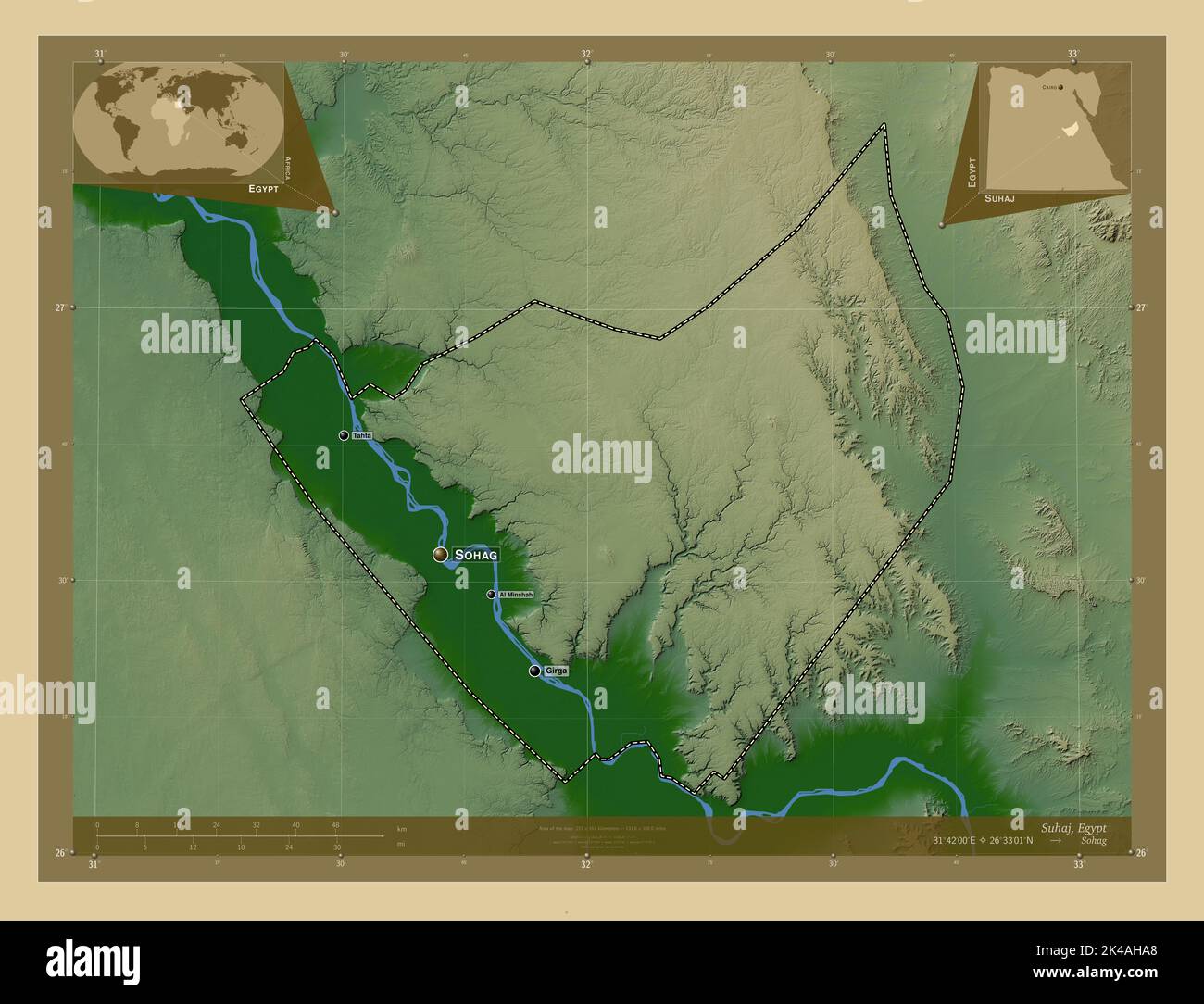 Suhaj, governorate of Egypt. Colored elevation map with lakes and ...