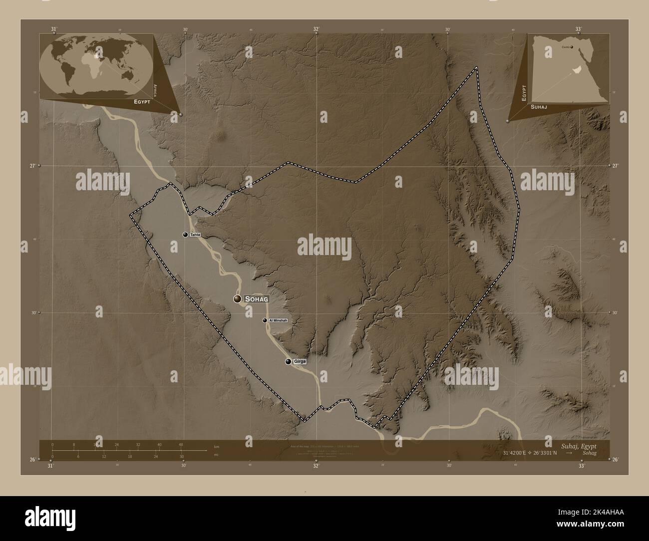 Suhaj, governorate of Egypt. Elevation map colored in sepia tones with ...