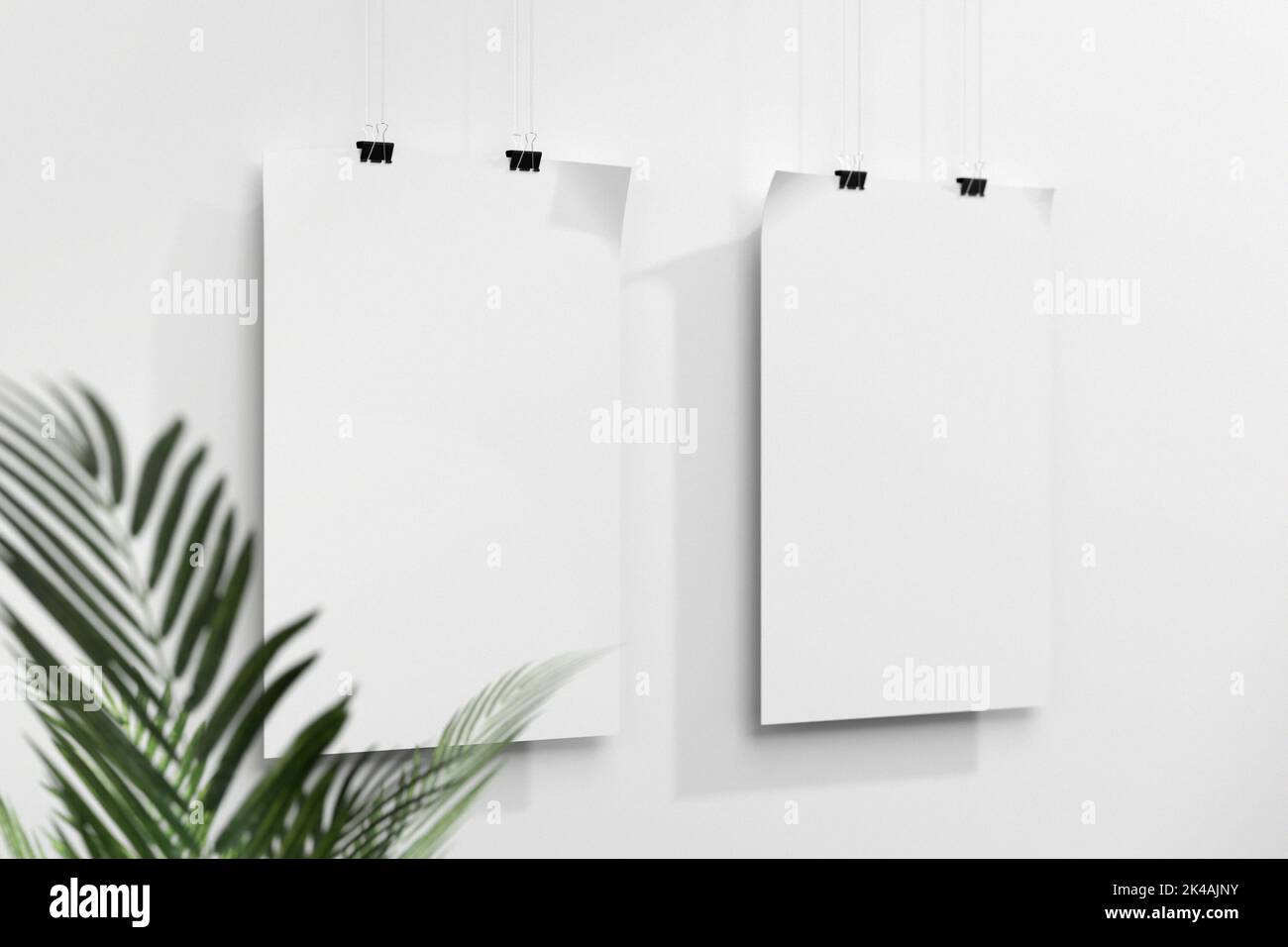 3D Render realistic hanging A3 size poster with plant blank white ...