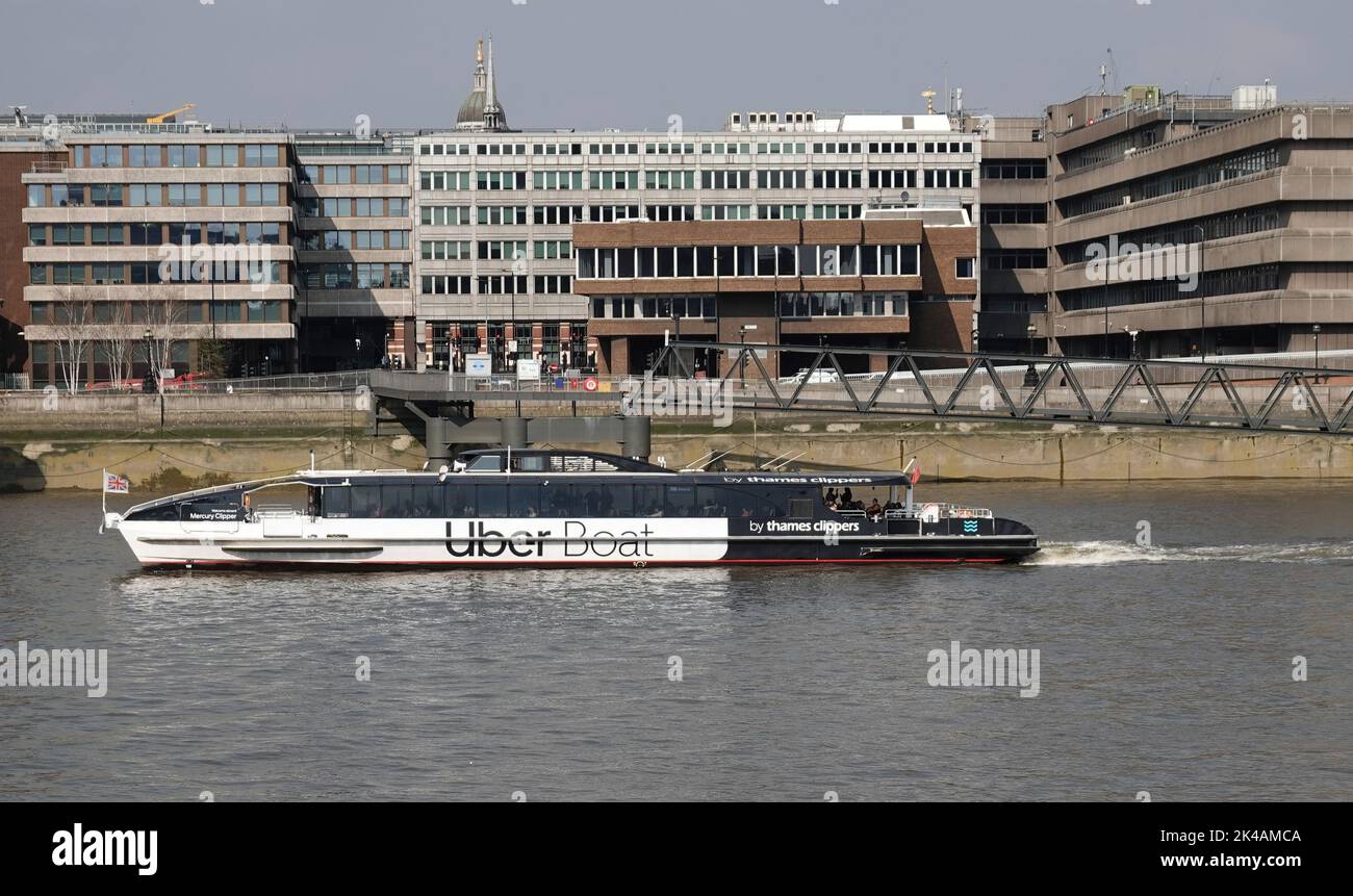An Uber Boat clipper passenger service on River Thames in London Stock ...