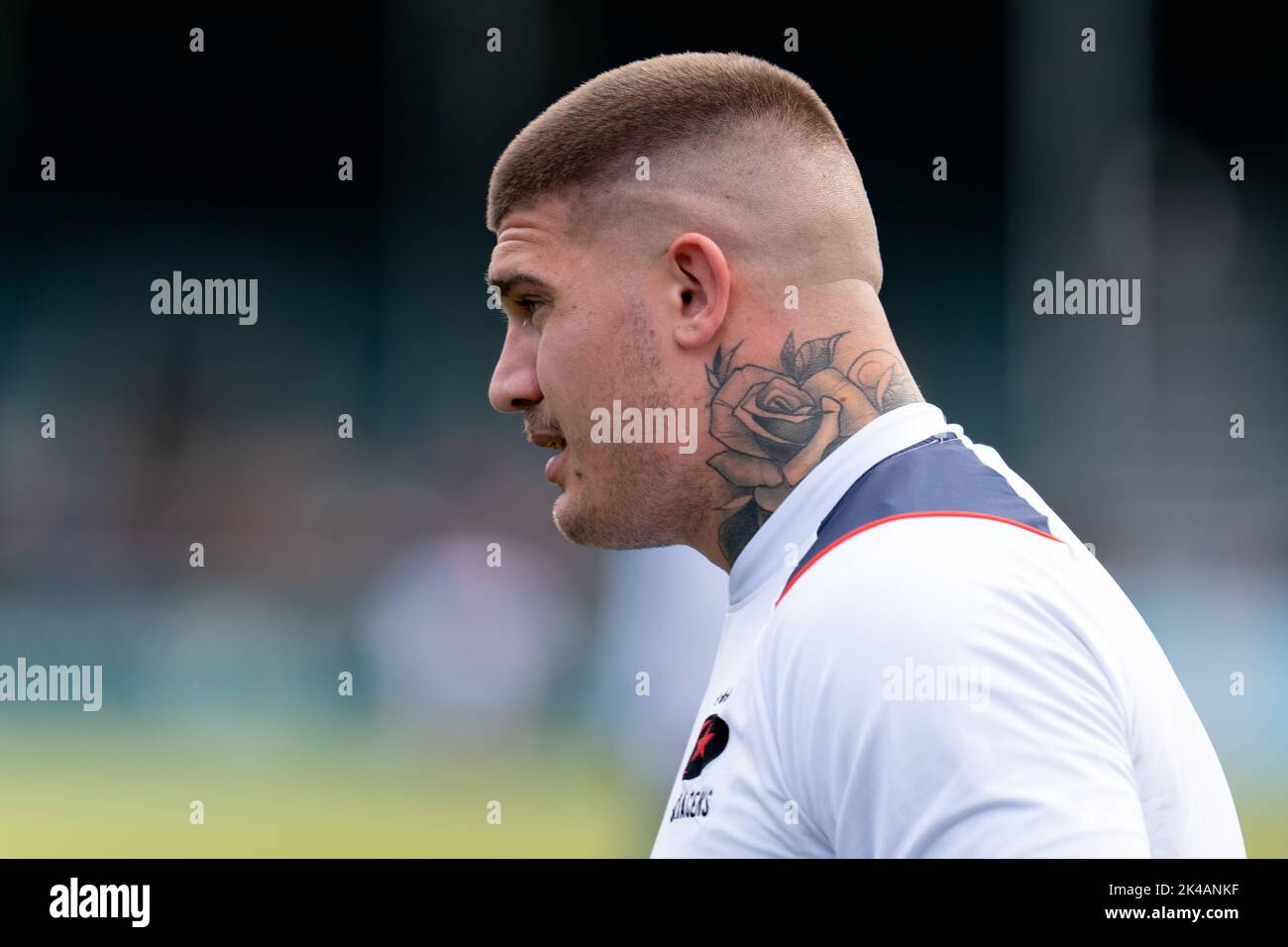 Marco Riccioni #18 of Saracens warming up prior to the Gallagher ...