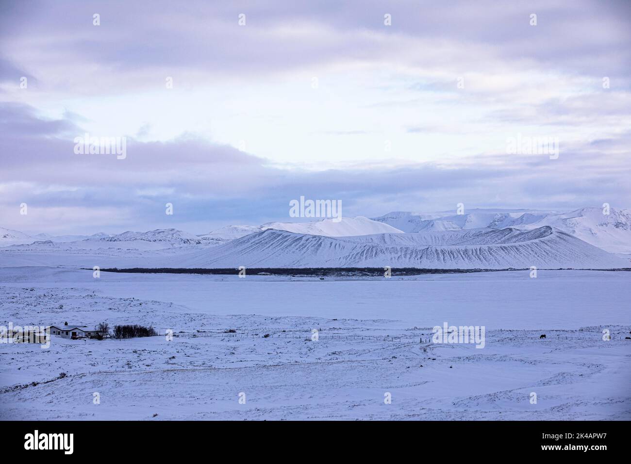 Snow-covered extinct volcano Hverfjall at blue hour, near Lake Myvatn ...