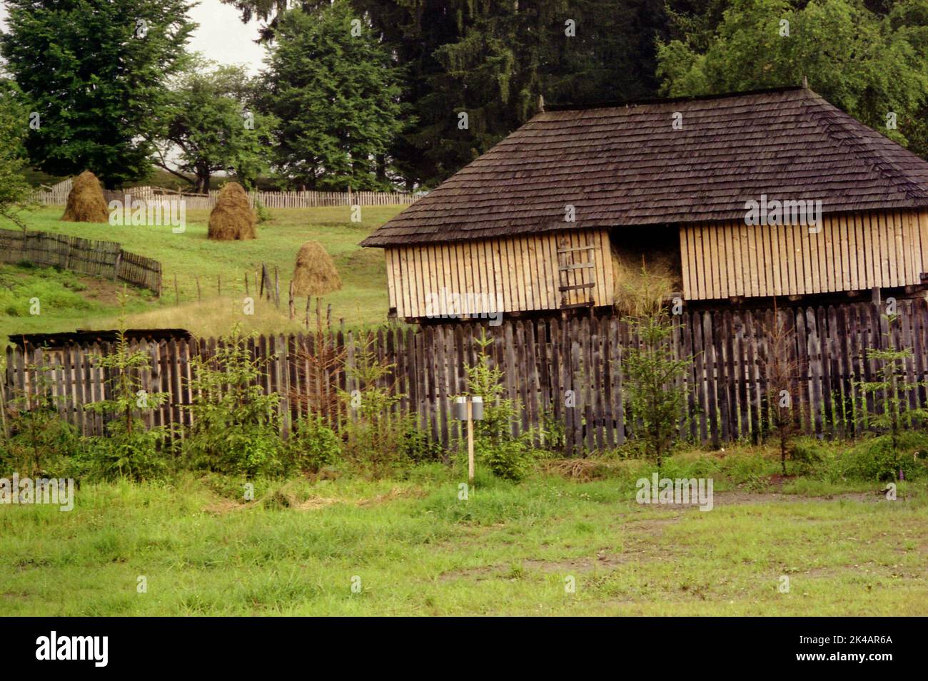 Large wooden barn with hay loft in Arges County, Romania, approx. 1998 ...