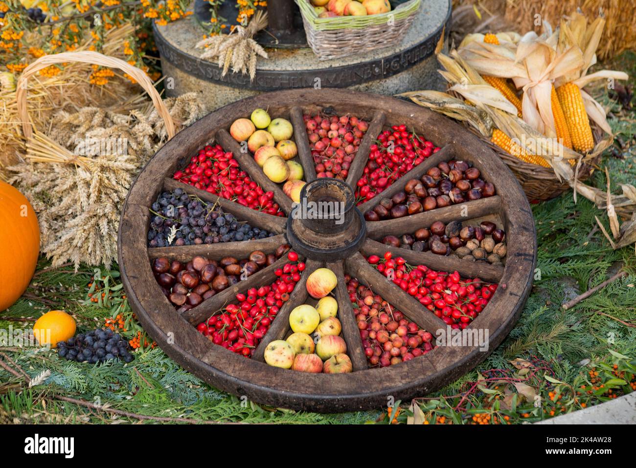 Harvest crown Bad Abbach various fruits with wooden wagon wheel Stock ...