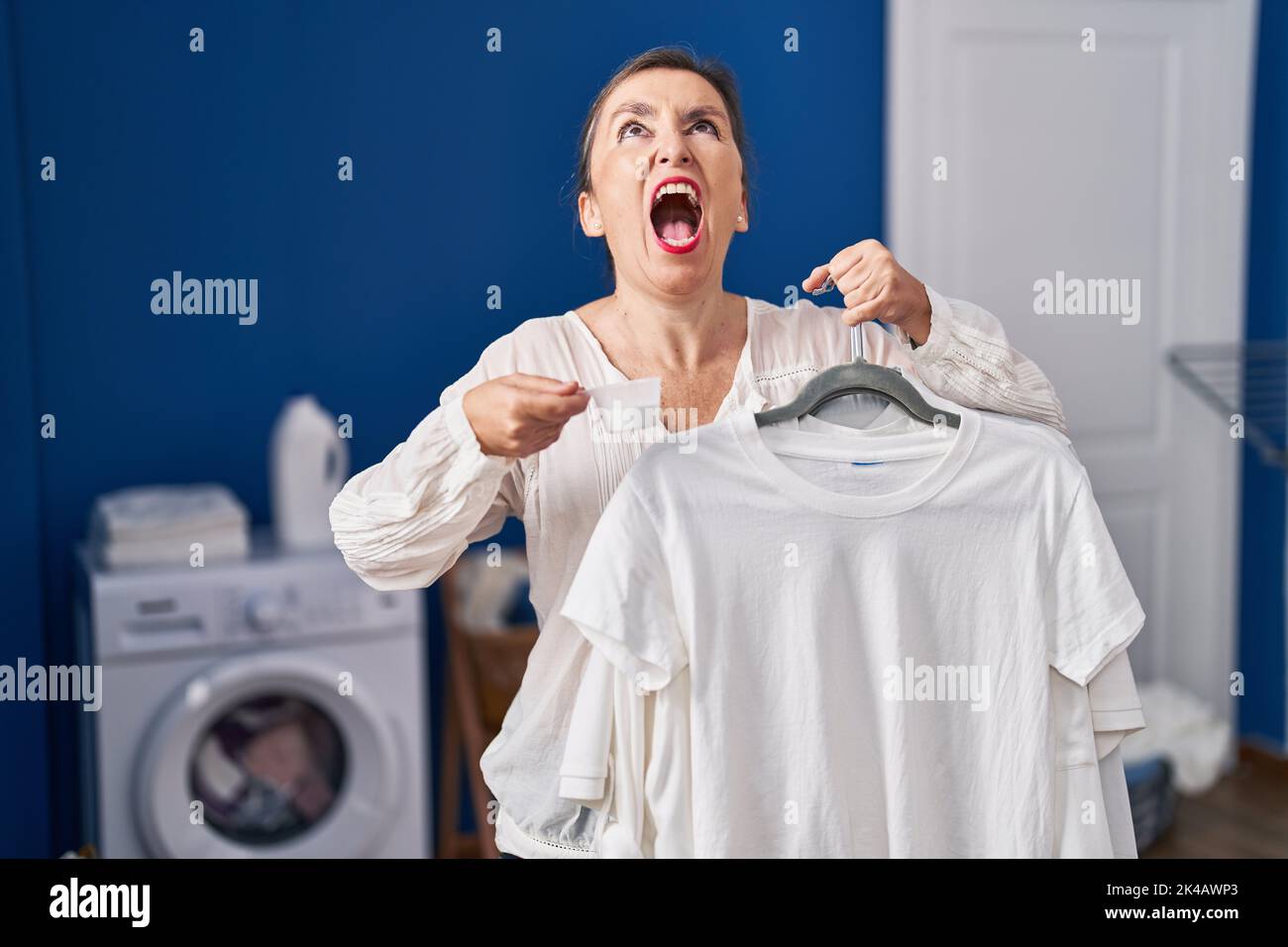 Middle age hispanic woman holding shirt on hanger and detergent powder ...