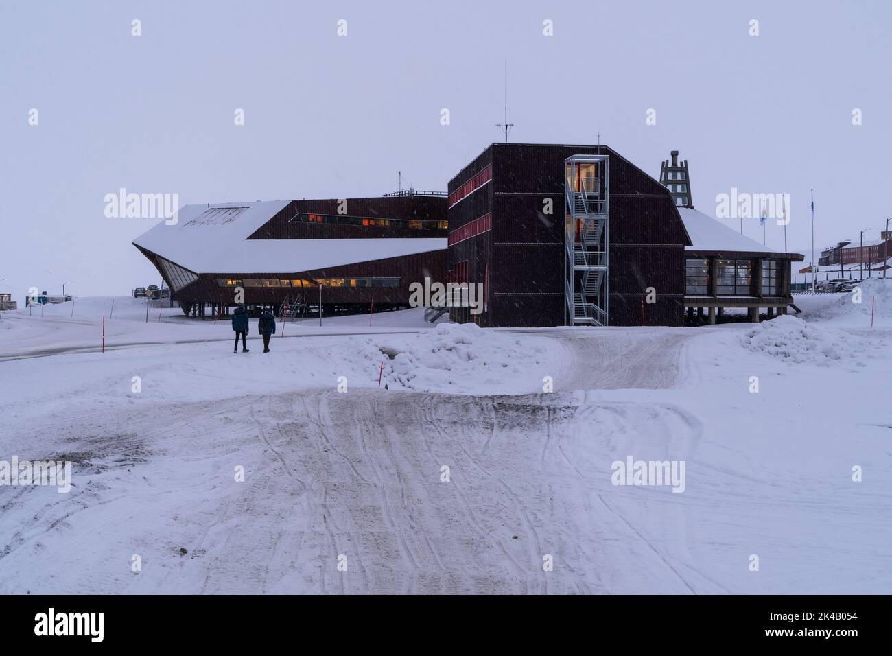 Svalbard Science Centre on cold winter snowy day with grey sky ...