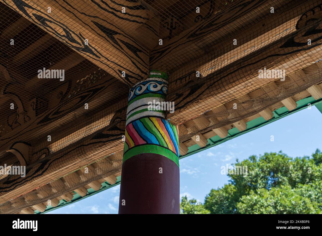 Colourful interior timber hall and structure of Chinese Dungan Uyghur ...