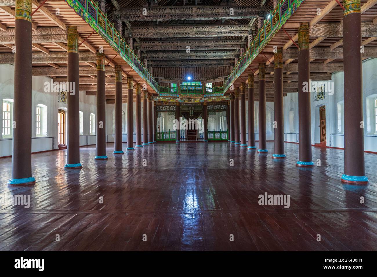 Colourful interior timber hall and structure of Chinese Dungan Uyghur ...