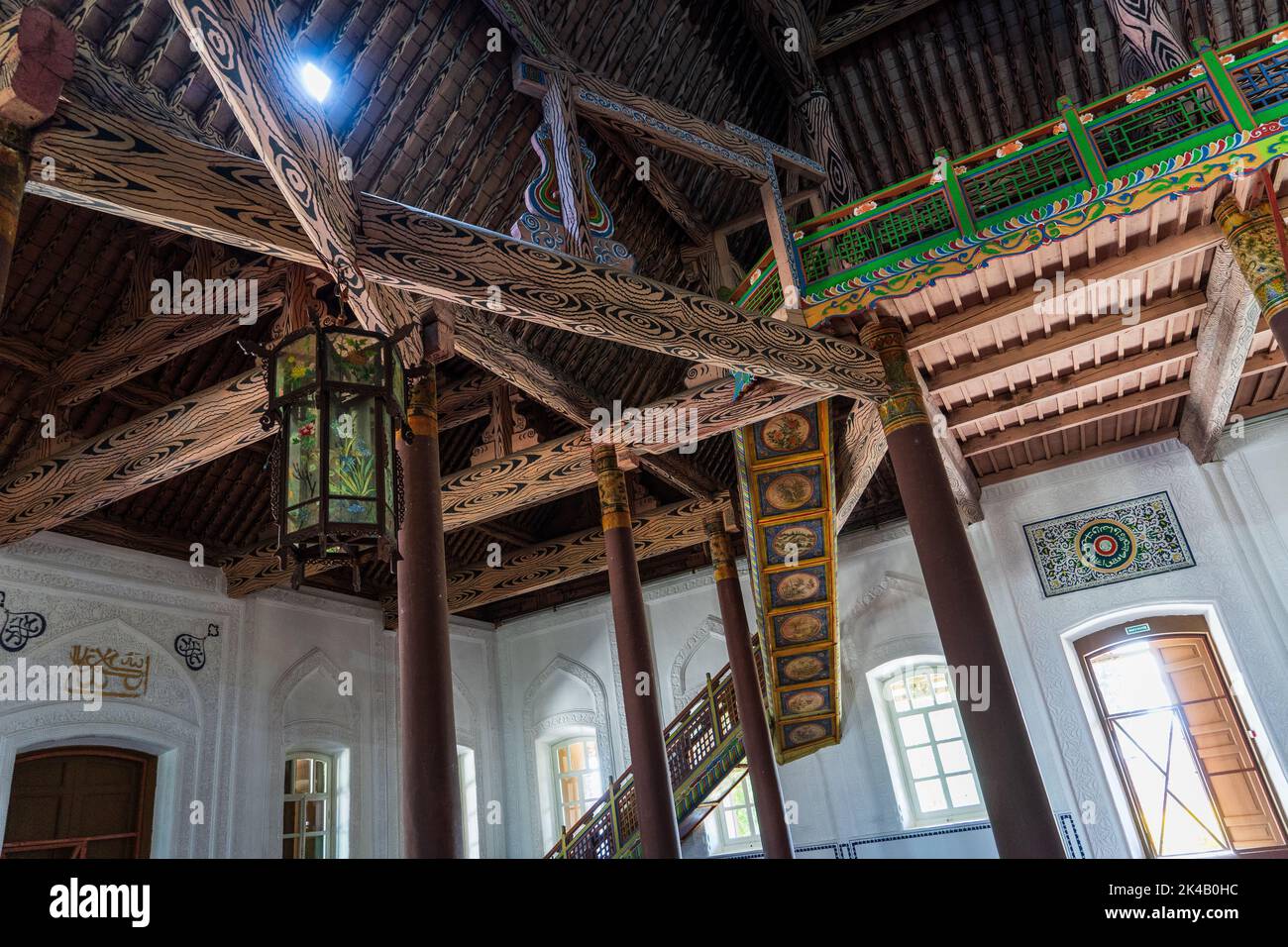 Colourful interior timber hall and structure of Chinese Dungan Uyghur ...