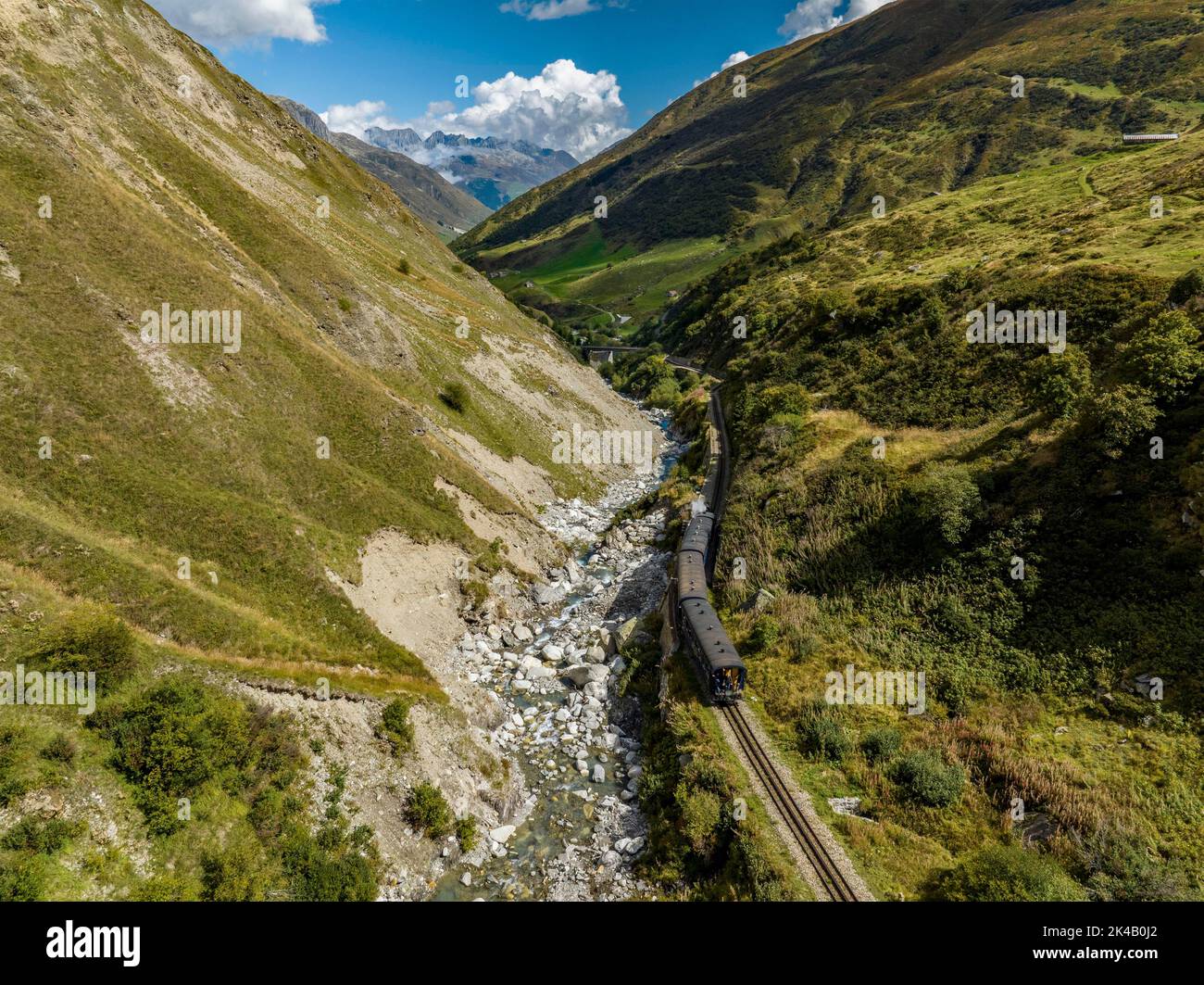Train with steam locomotive, aerial view, Furka steam railway, Furka ...