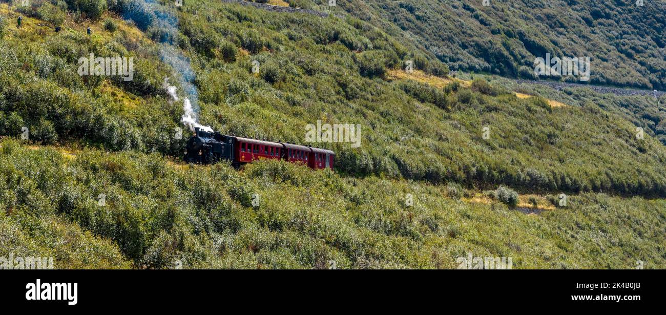 Steam railway, train with steam locomotive, Furka Pass, aerial view ...
