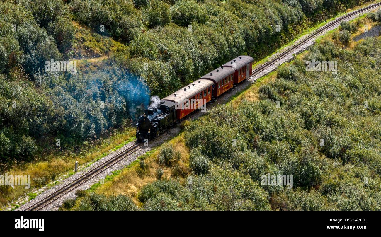 Steam railway, train with steam locomotive, Furka Pass, aerial view ...