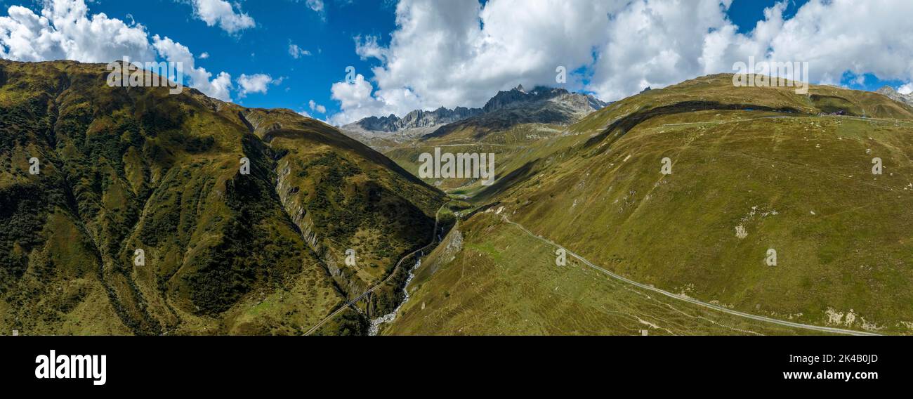 Furka mountain line, steam railway, aerial view, Tiefenbach, Realp, Uri ...