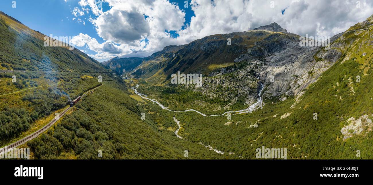 Steam railway, train with steam locomotive, mountain panorama at Furka ...