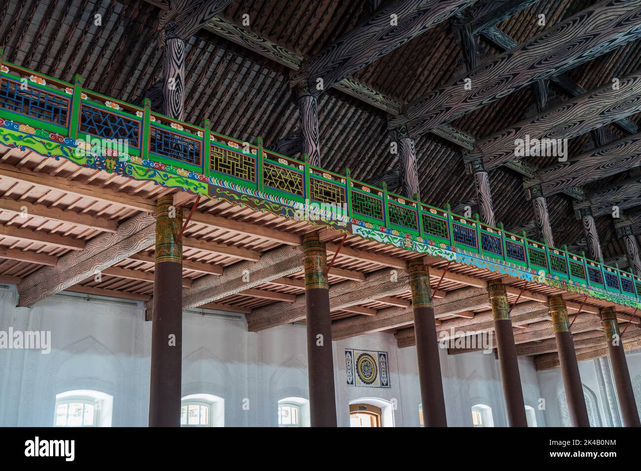 Colourful interior timber hall and structure of Chinese Dungan Uyghur ...