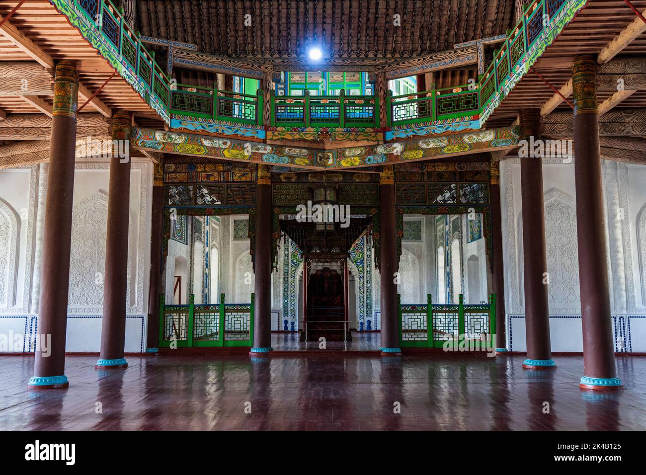 Colourful interior timber hall and structure of Chinese Dungan Uyghur ...