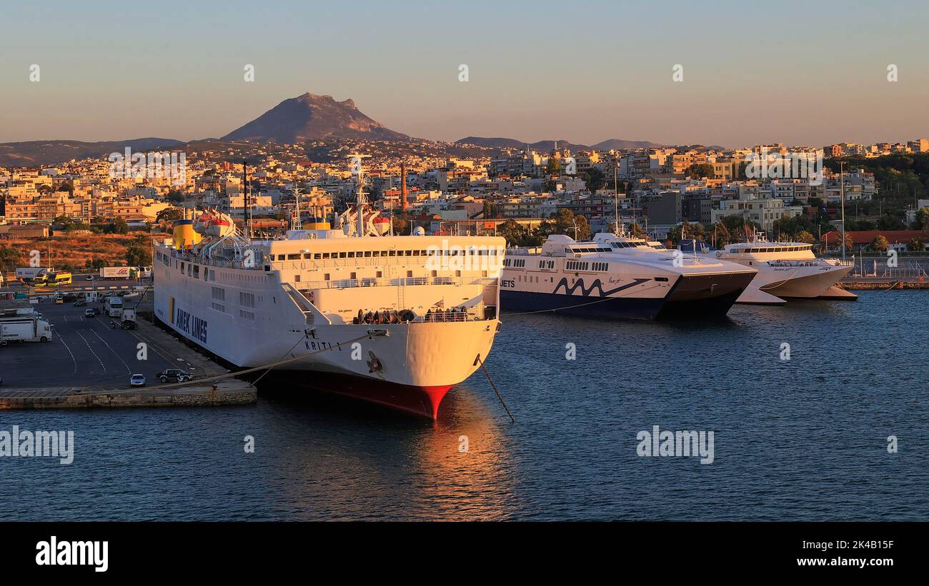 Evening light, ships, ferries, Kriti I, mountain, blue sky, harbour ...