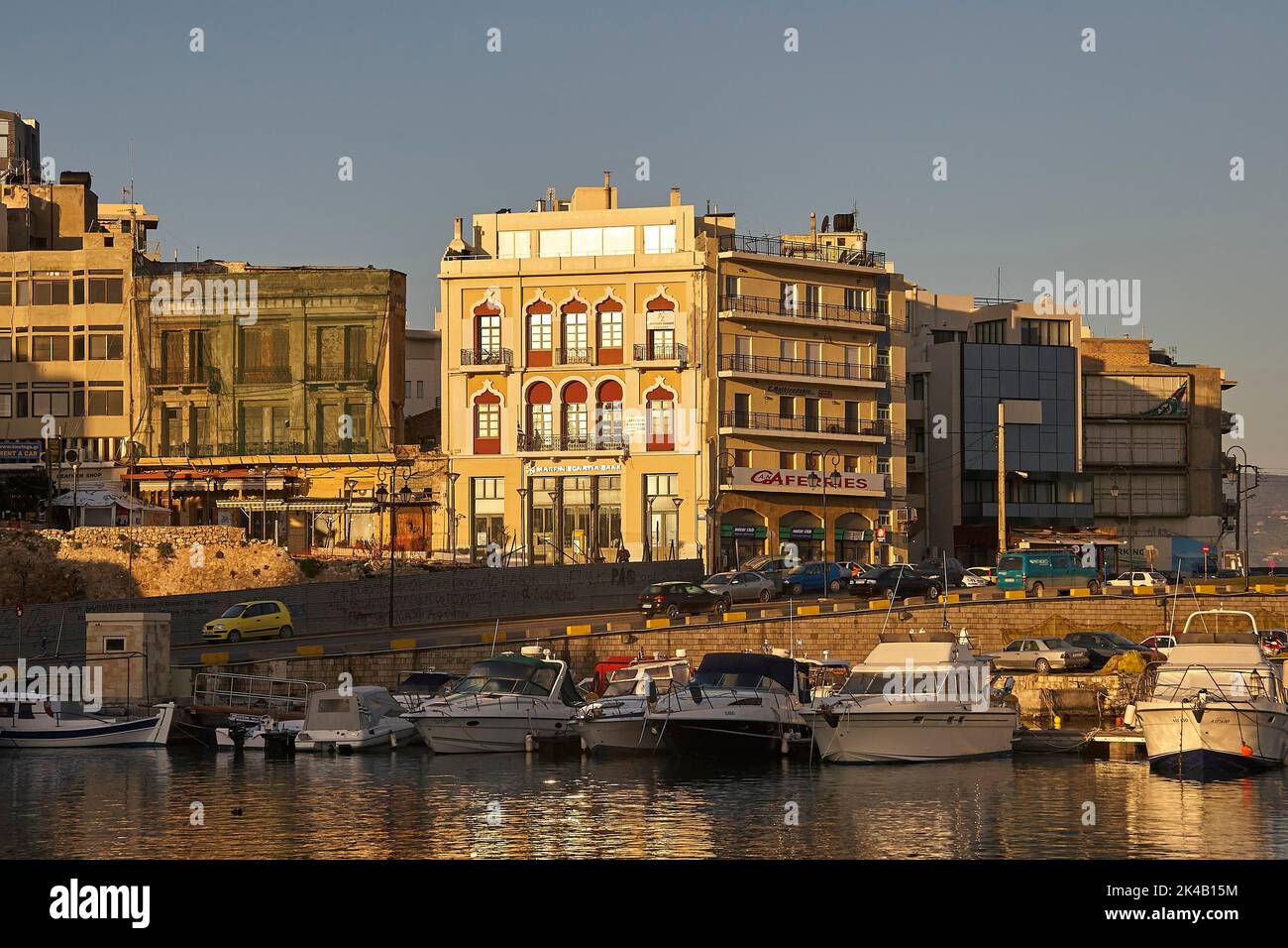 Morning light, boats, houses, harbour, blue sky, Heraklion, capital ...