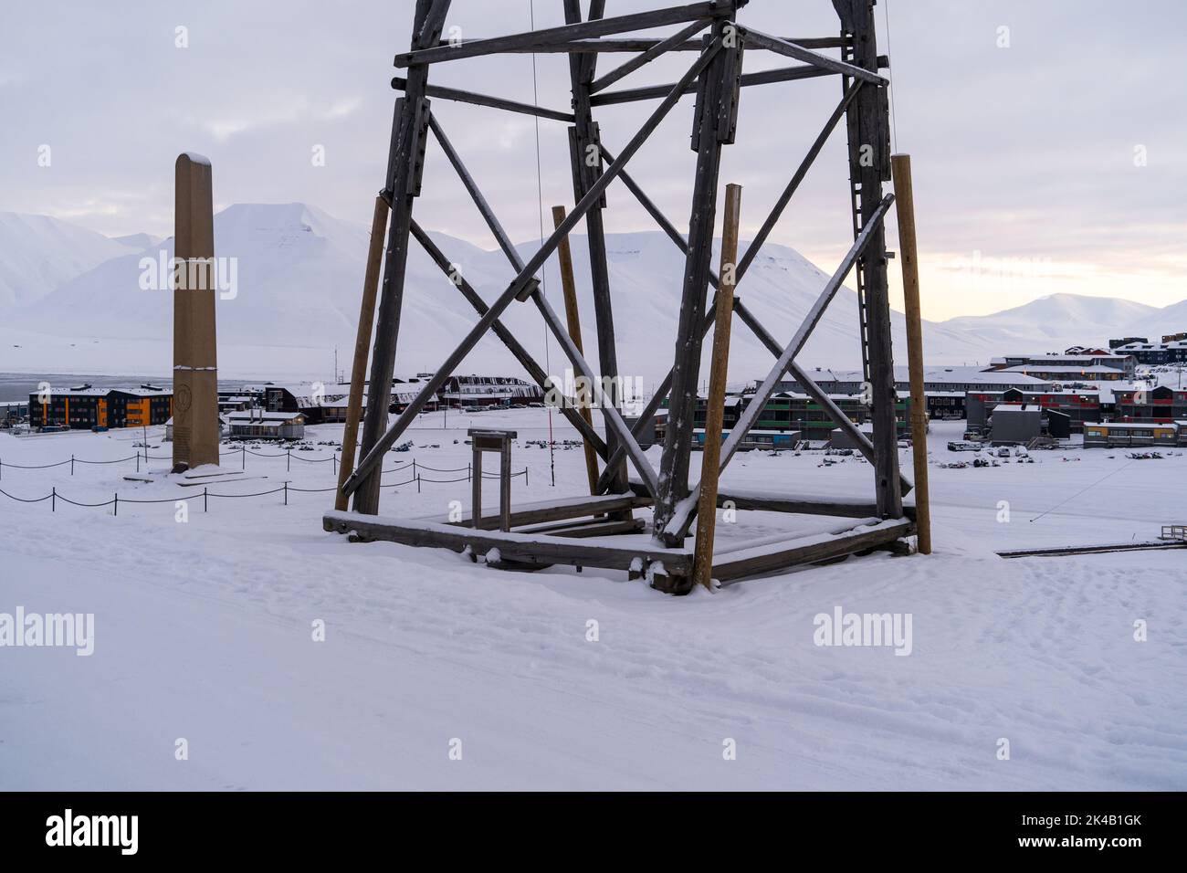 Decommissioned cable car timber structure towers in winter landscape ...