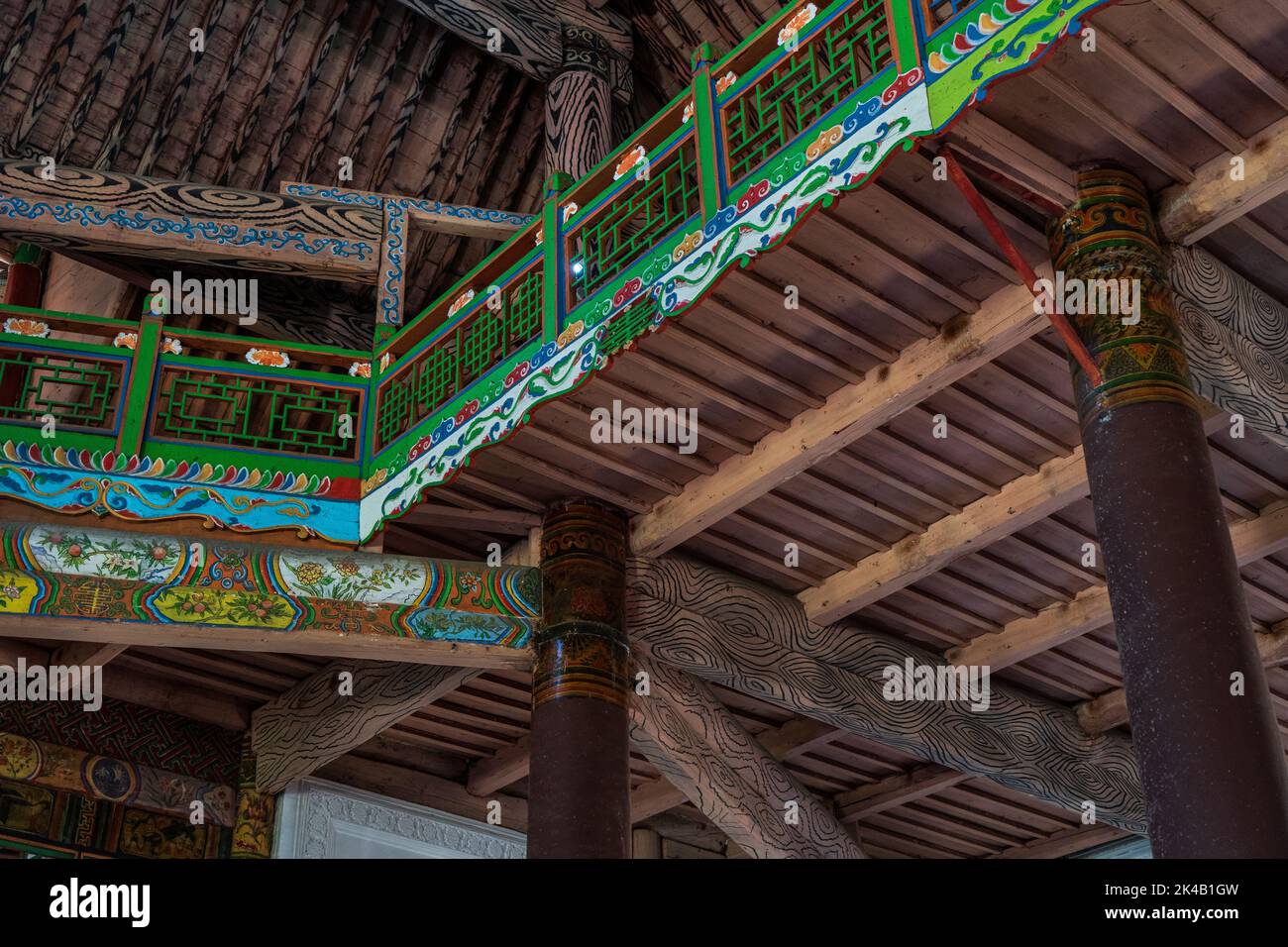 Colourful interior timber hall and structure of Chinese Dungan Uyghur ...