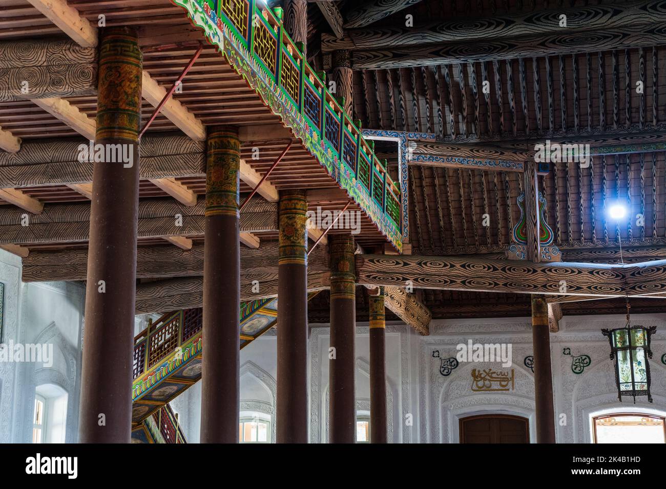 Colourful interior timber hall and structure of Chinese Dungan Uyghur ...