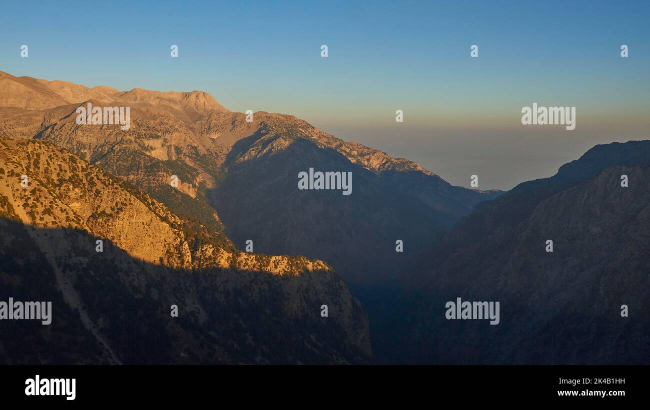 Evening light, Kallergi Hut, Samaria Gorge, cloudless blue sky, shadow ...