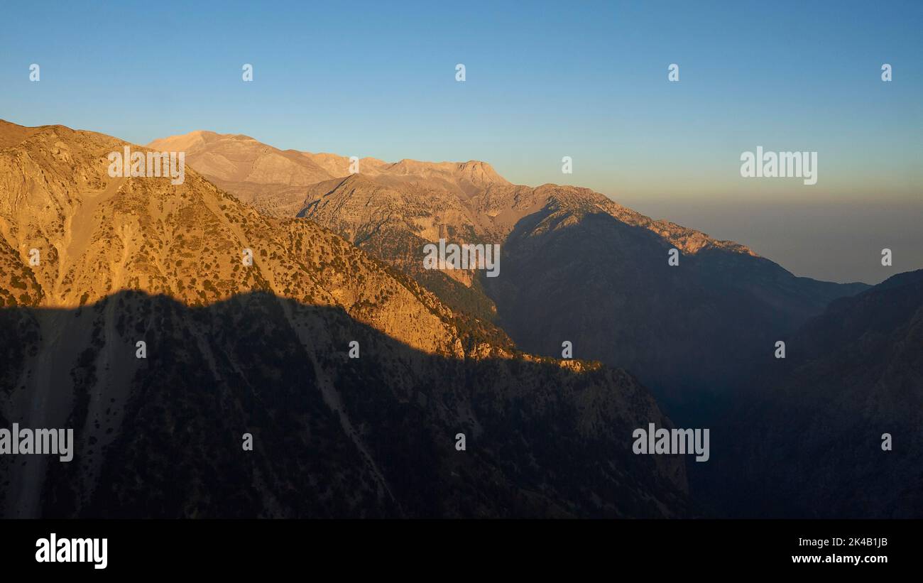 Kallergi Hut, Samaria Gorge, evening light, cloudless blue sky, Omalos ...