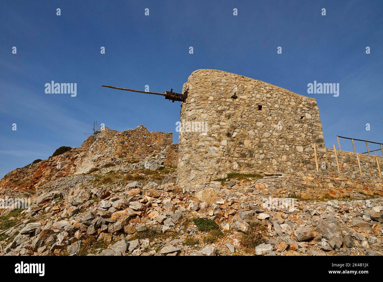 Old windmill, flour mill, Ambelos Pass, blue sky, Lassithi plateau ...