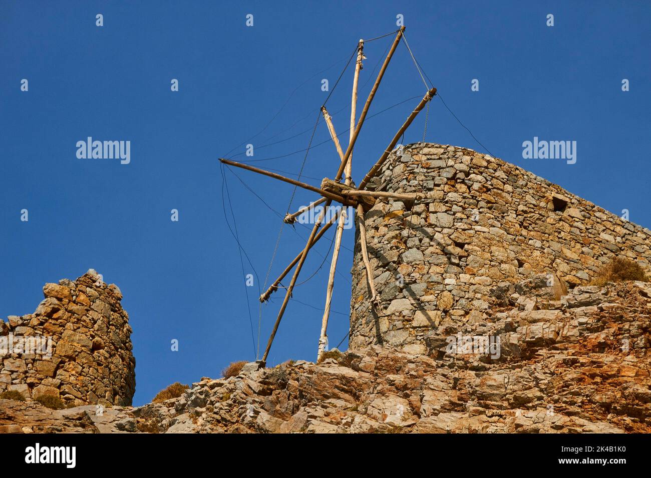 Old windmill, flour mill, Ambelos Pass, blue sky, Lassithi plateau ...