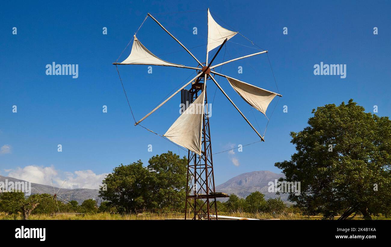 Windmill close, canvas, trees, blue sky, few white clouds, Lassithi ...
