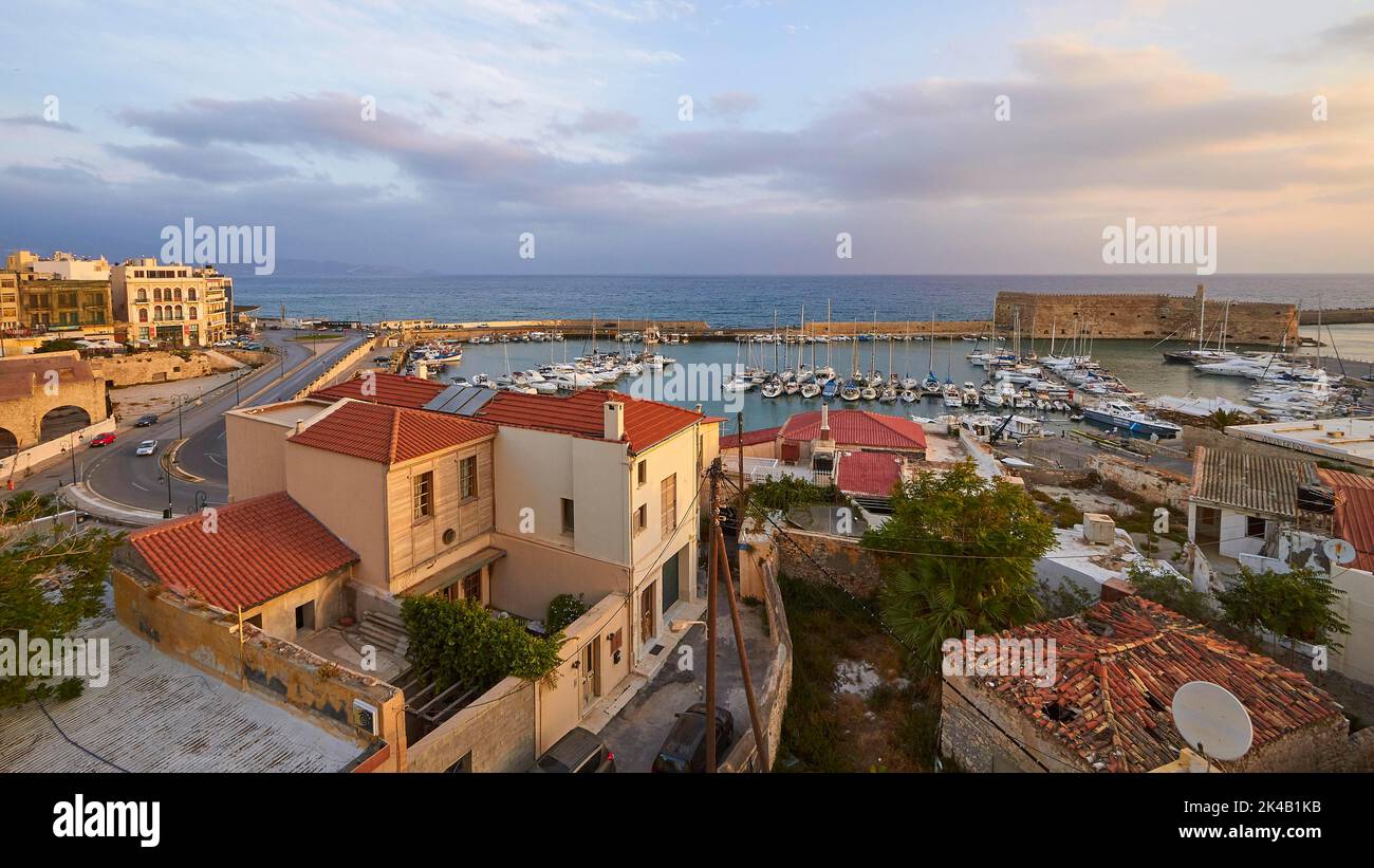 Super wide angle, view over houses to harbour, Venetian sea fortress ...