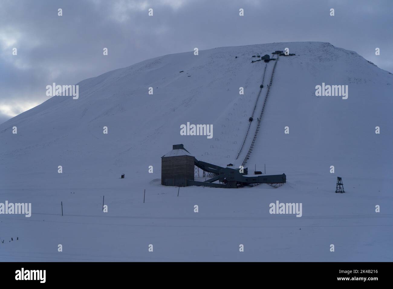 Svalbard coal mine industry infrastructure in snowy winter landscape ...