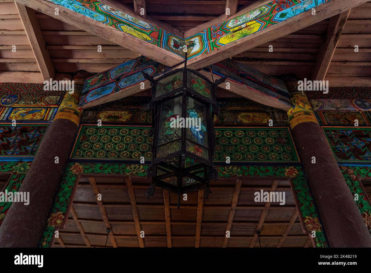 Colourful interior timber hall and structure of Chinese Dungan Uyghur ...