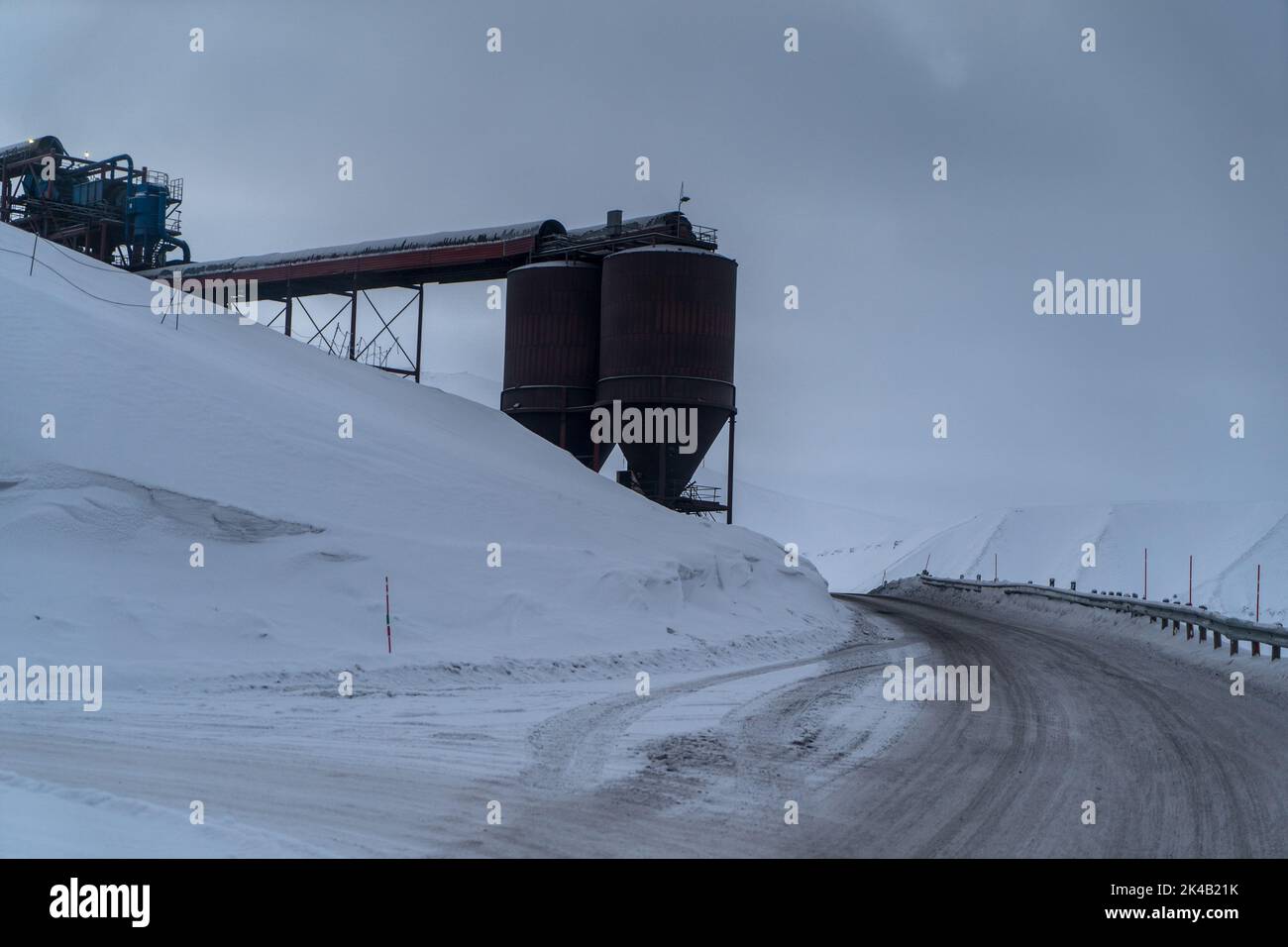 Svalbard coal mine industry infrastructure in snowy winter landscape ...