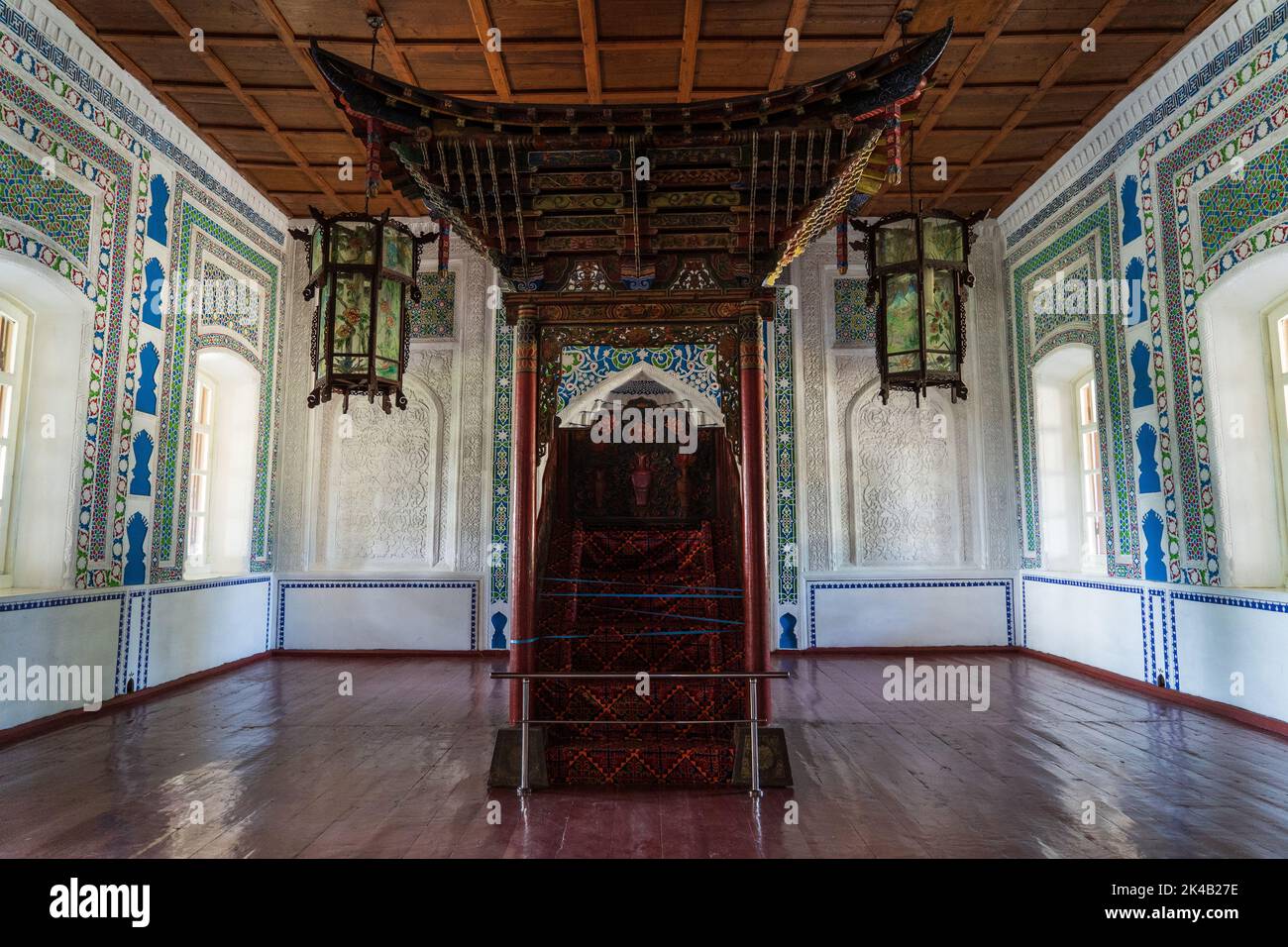 Colourful interior timber hall and structure of Chinese Dungan Uyghur ...