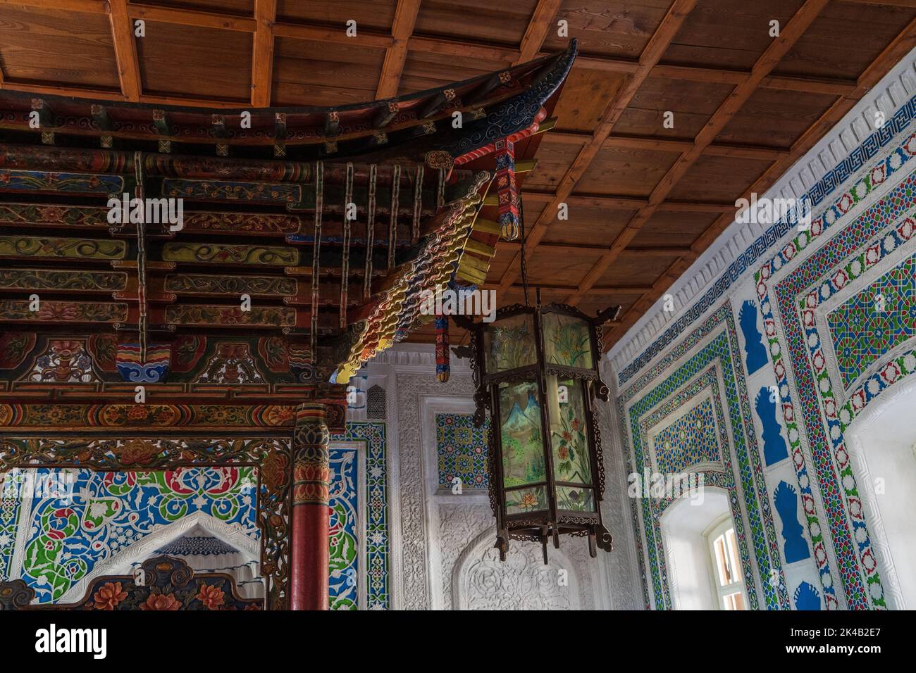Colourful interior timber hall and structure of Chinese Dungan Uyghur ...