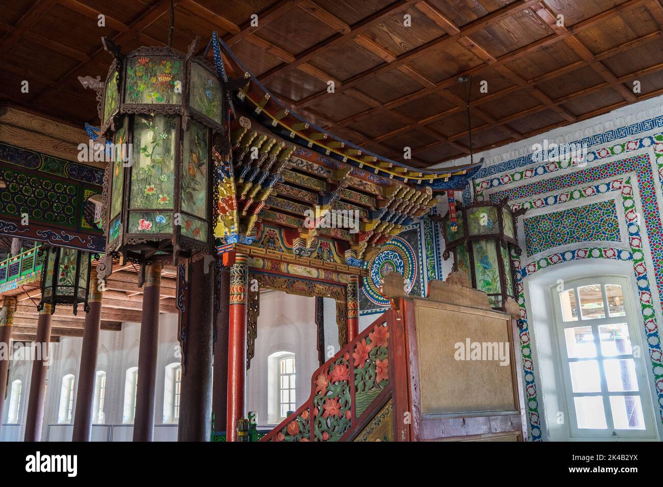 Colourful interior timber hall and structure of Chinese Dungan Uyghur ...