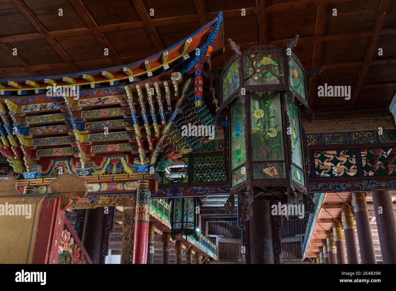 Colourful interior timber hall and structure of Chinese Dungan Uyghur ...