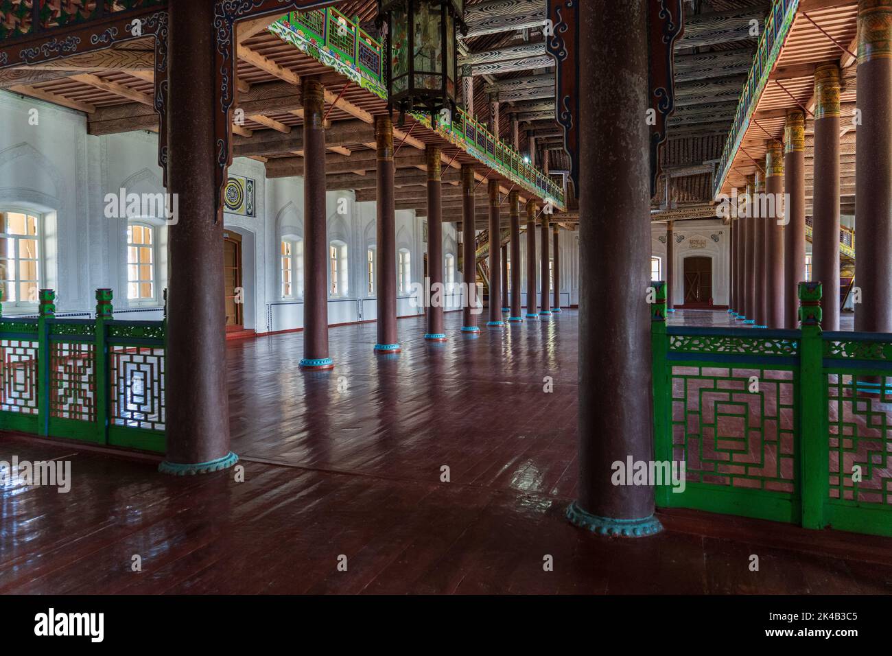 Colourful interior timber hall and structure of Chinese Dungan Uyghur ...