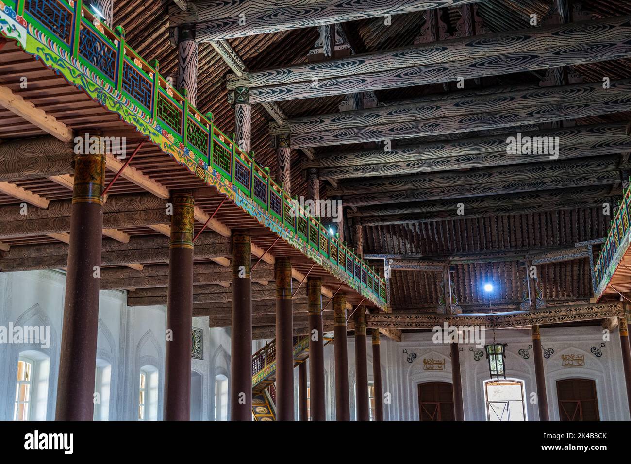 Colourful interior timber hall and structure of Chinese Dungan Uyghur ...