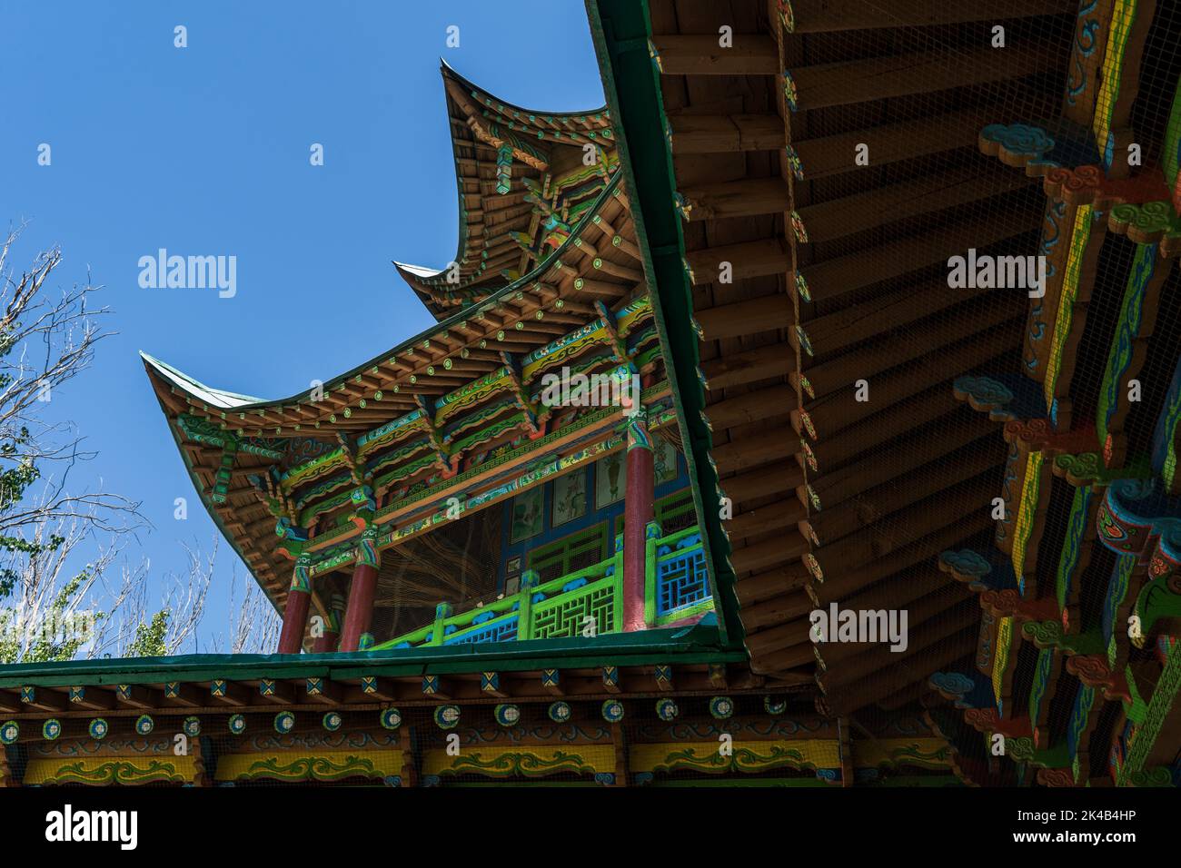 Colourful timber exterior structure and pagoda of Chinese Dungan Uyghur ...