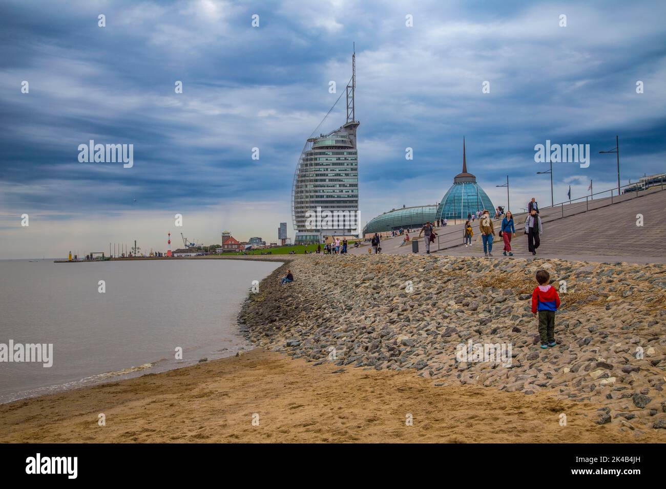 View of the Klimahaus and Atlantic Hotel Sail City from the sand of the ...