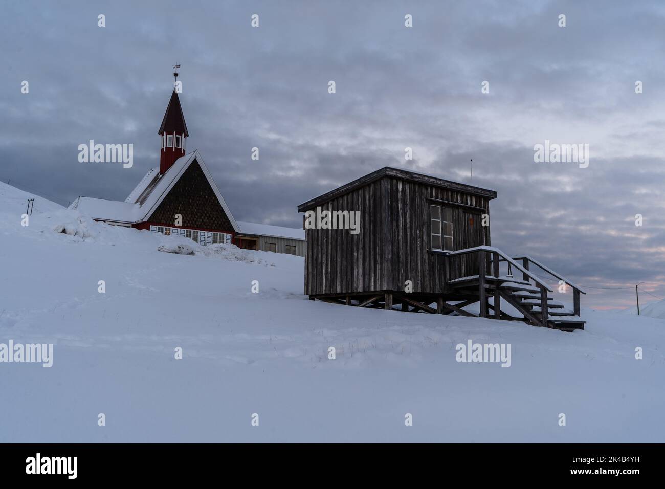 Former post office on cold snowy winter day, Svalbard, Longyearbyen ...
