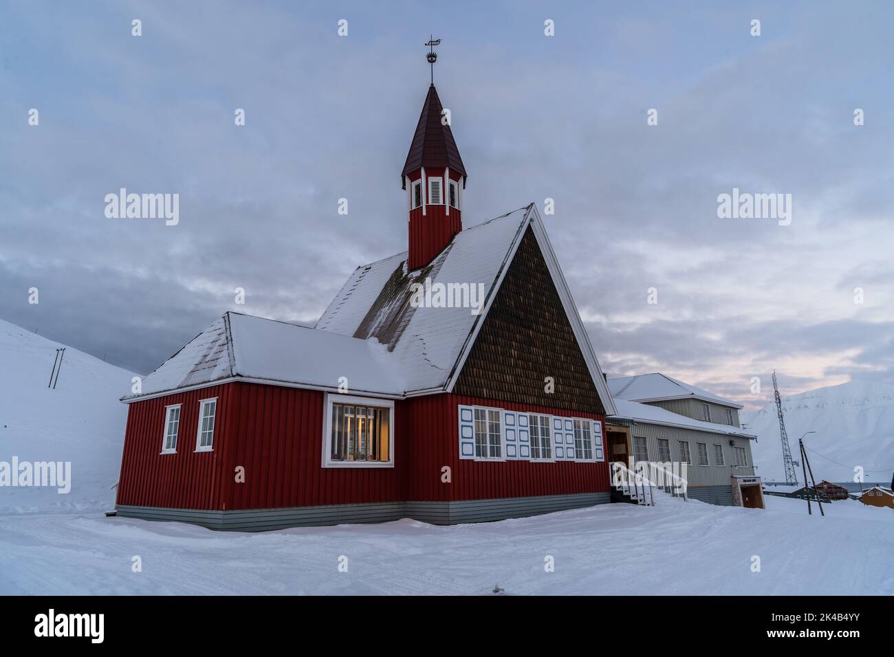 World's northernmost church of Longyearbyen on a cold winter snow day ...