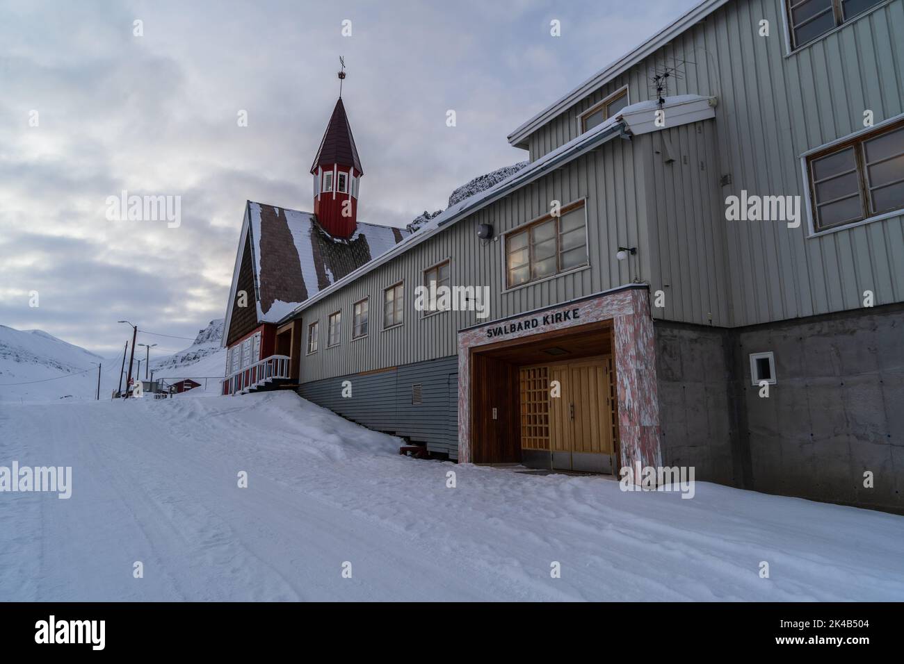 World's northernmost church of Longyearbyen on a cold winter snow day ...