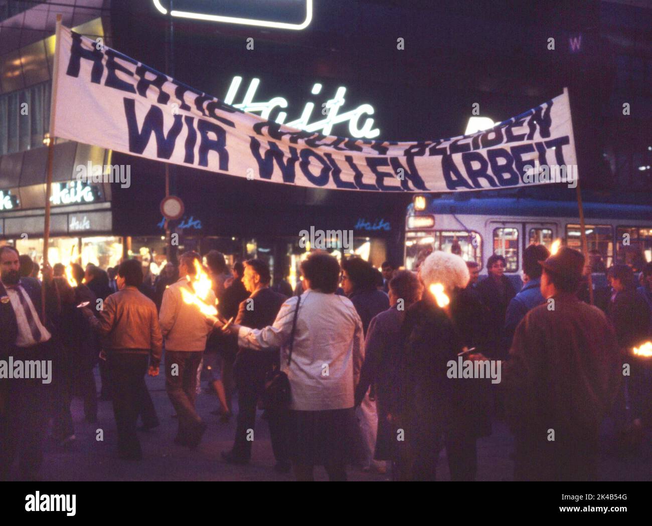 Ruhr area. Protests around Hertie. We want work (banner) ca. 19086-7 ...